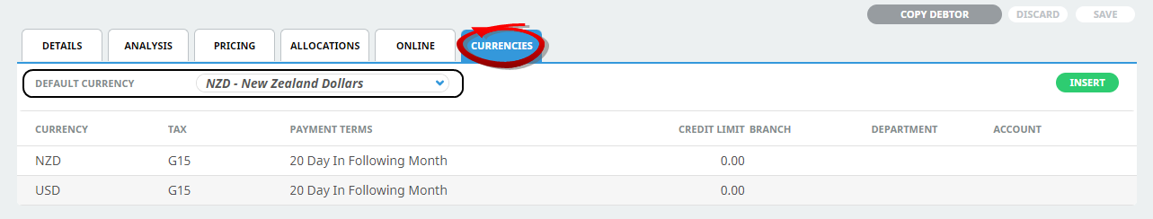 Debtor Currencies Tab